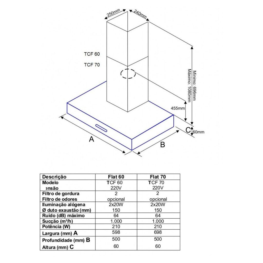 COIFA DE PAREDE ORIGINAL TECNO TCF 70 - COIFAS TECNO